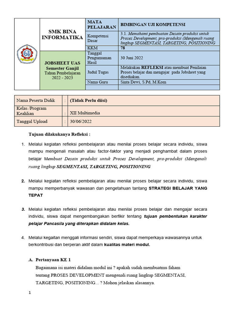 Job Sheet Refleksi - Kosong | PDF