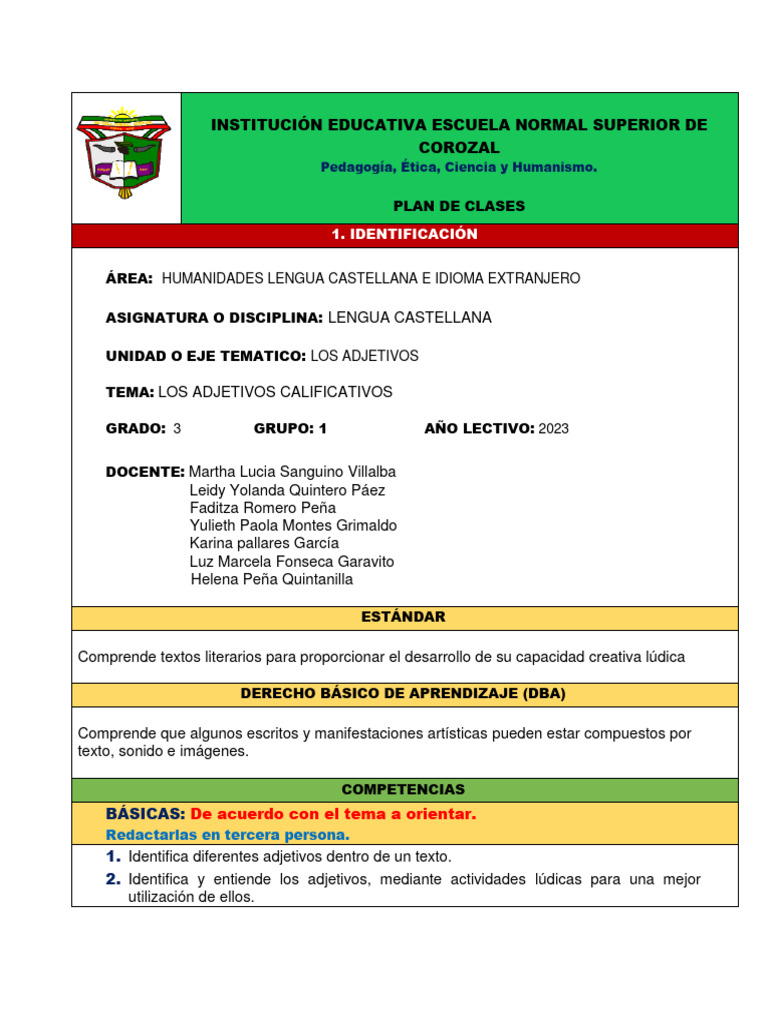 #22plan de Clases Lengua Castellana | PDF | Sustantivo | Adjetivo