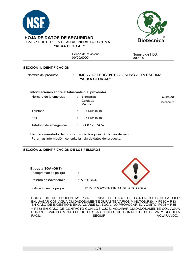 MSDS BQ-77 NSF | PDF | Agua | Detergente