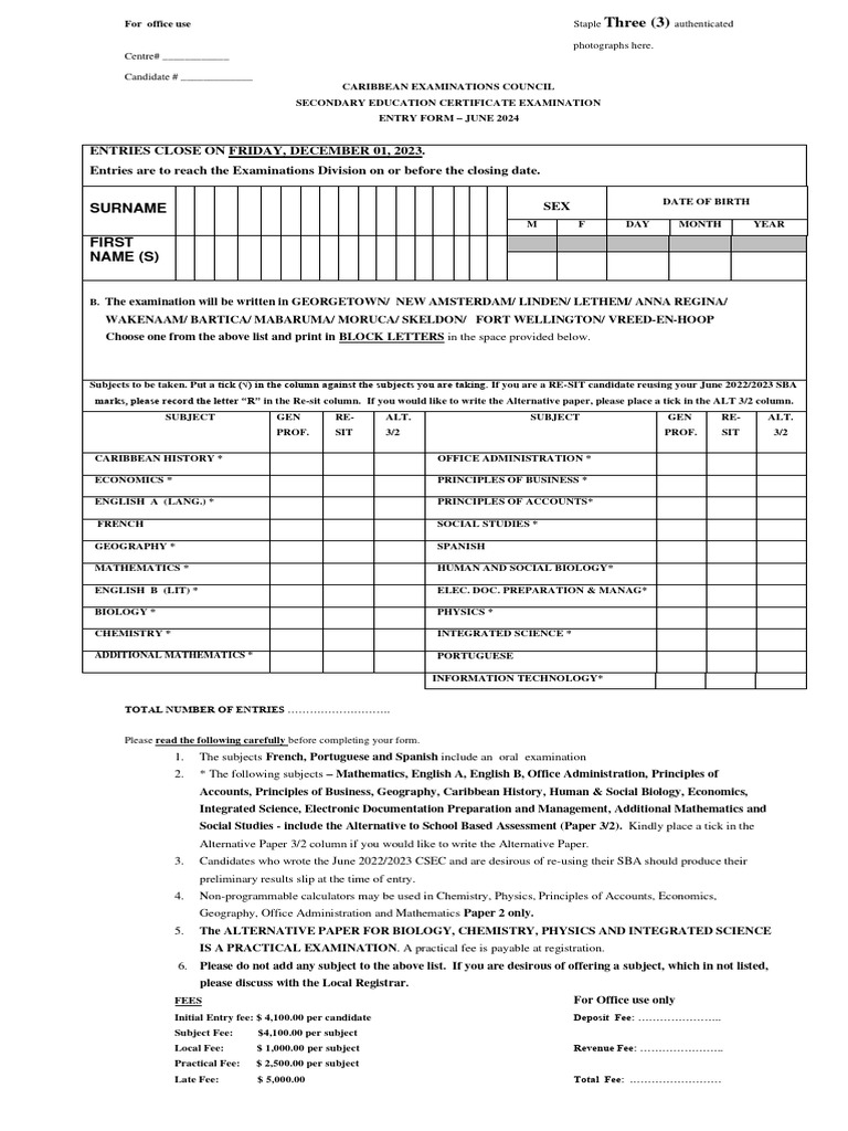 CSEC Exam Entry Form for June 2024 | PDF