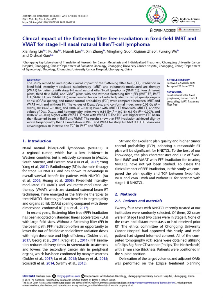 Clinical Impact of The Flattening Filter Free Irradi - 2021 - Journal of Radiati | PDF