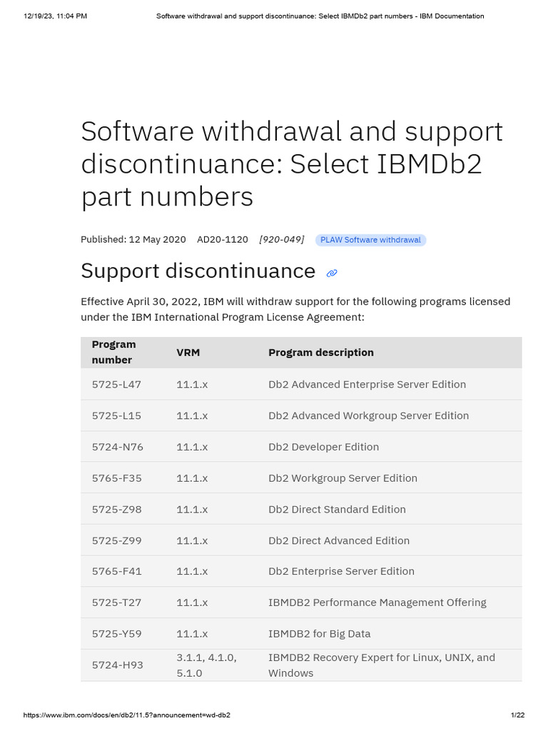 Software Withdrawal and Support Discontinuance - Select IBMDb2 Part ...
