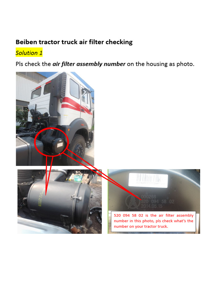 Beiben Truck Air Filter Inspection Guide | PDF | Technology & Engineering