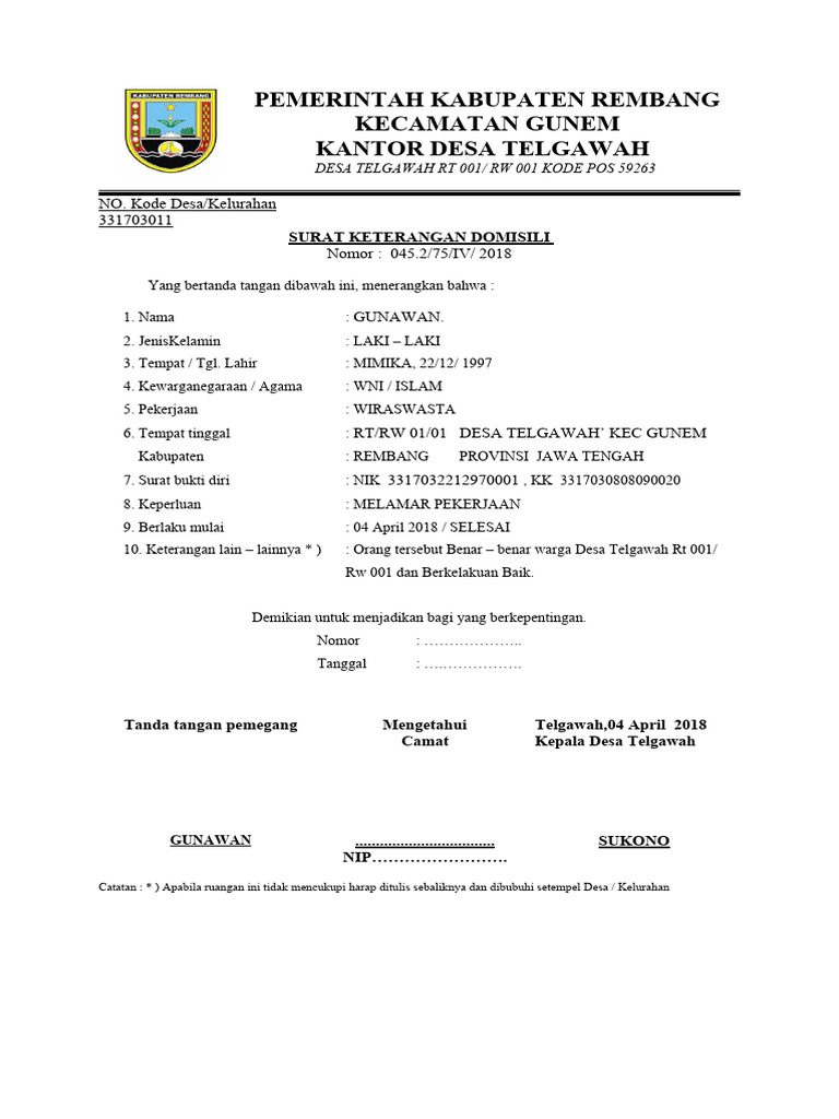 Surat Keterangan Domisili Kerja | PDF