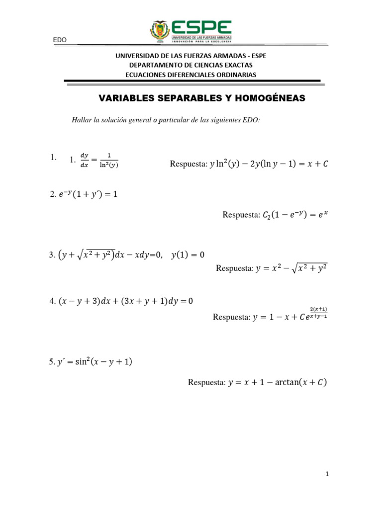 2 Deber de Variables Separables y Homogéneas | PDF | Ecuaciones | Objetos matemáticos