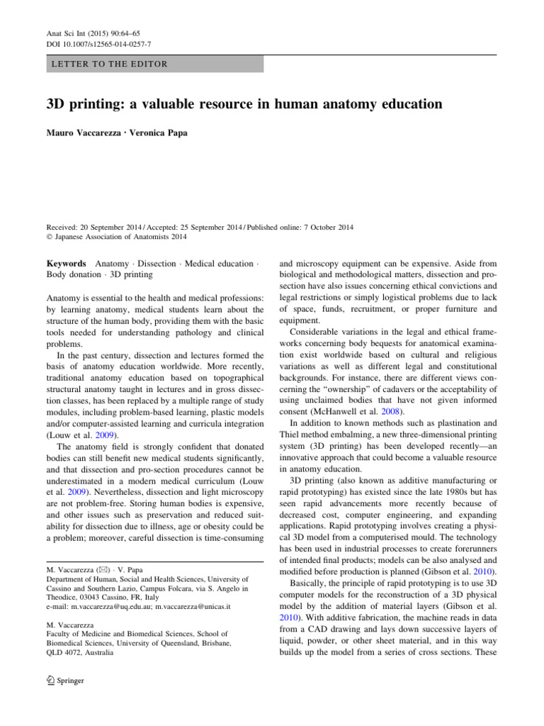 3D Printing A Valuable Resource in Human Anatomy Education | PDF