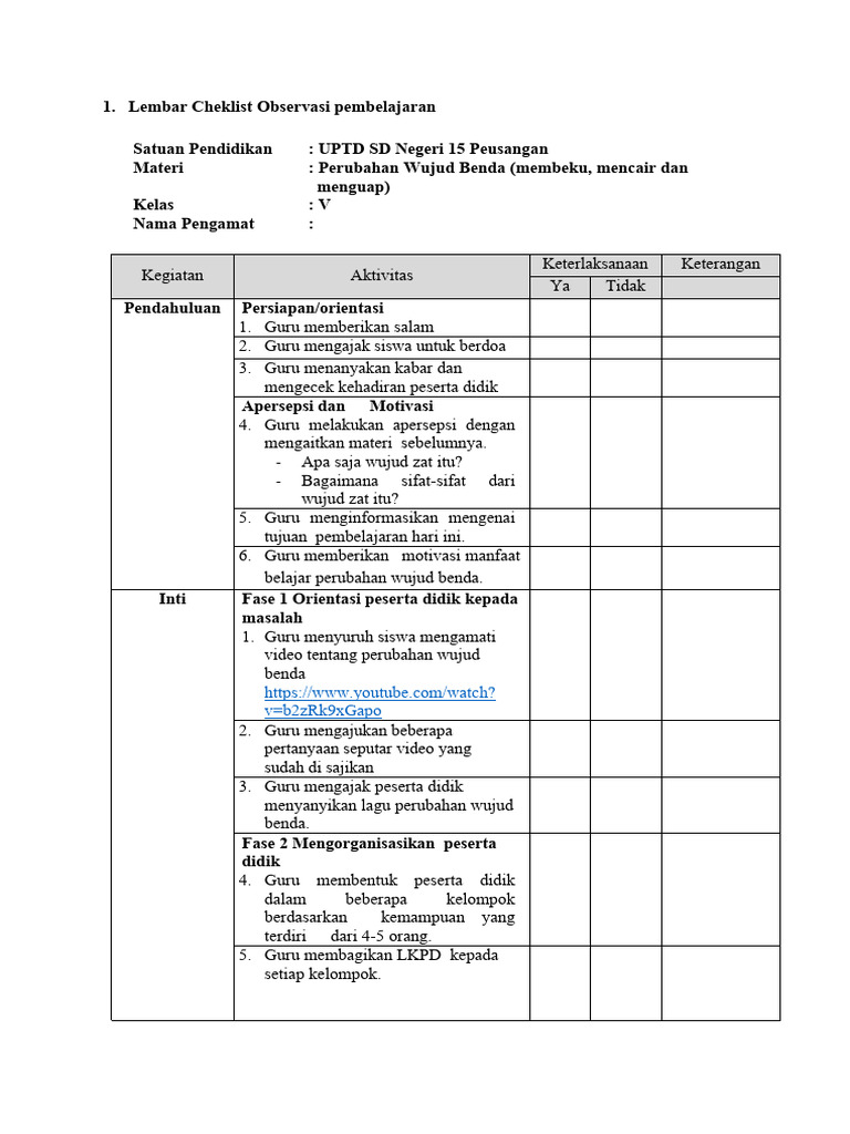 Lembar Cheklist Observasi Pembelajaran | PDF