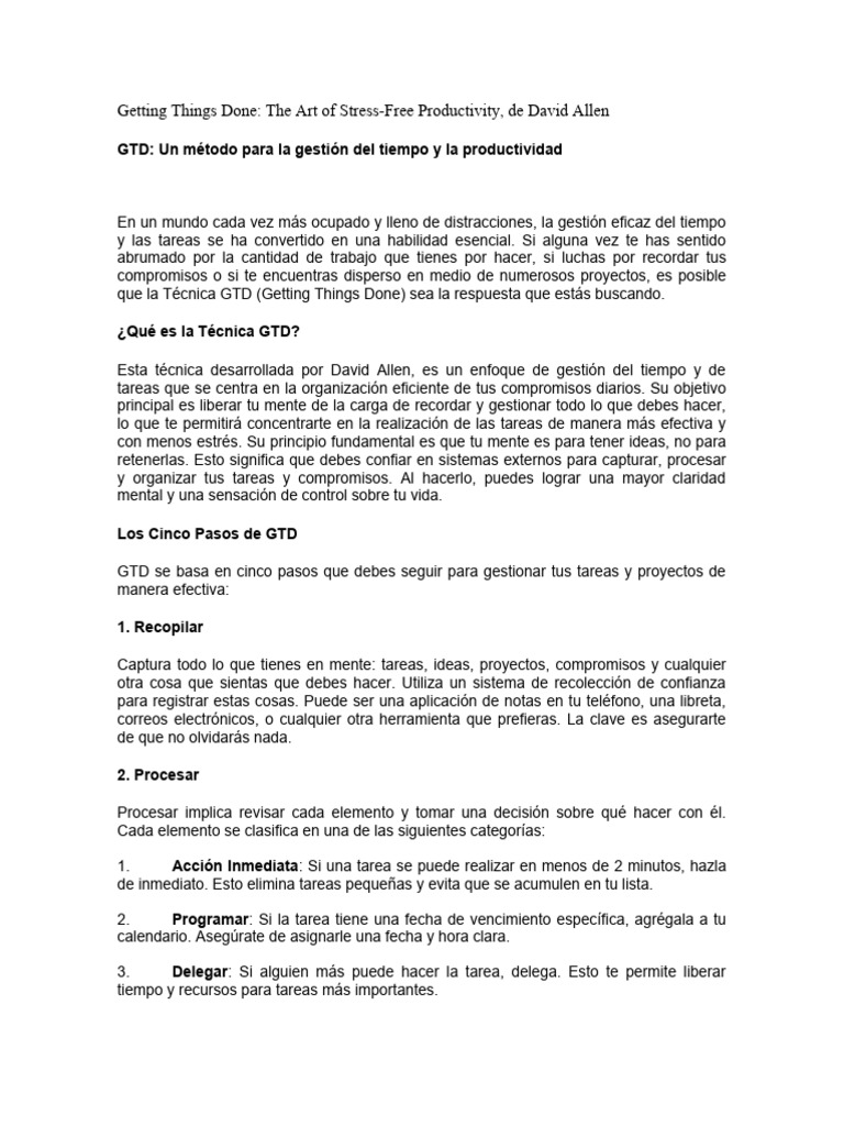 METODO GTD | PDF | Gestión del tiempo | Habilidades profesionales