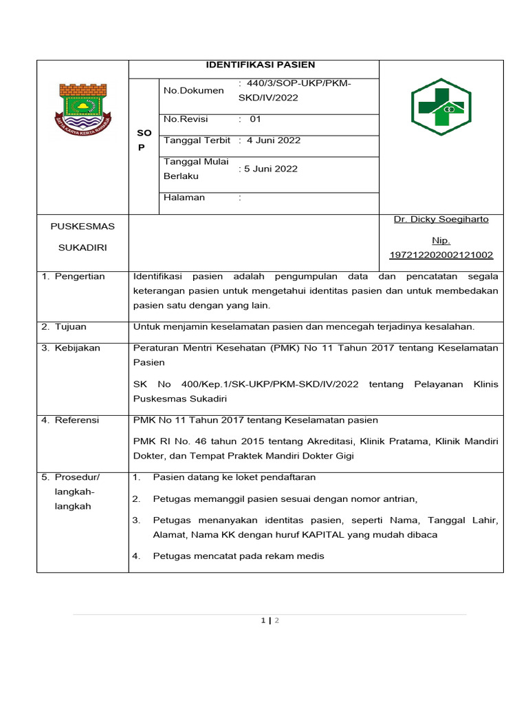 SOP Identifikasi Pasien Baru | PDF