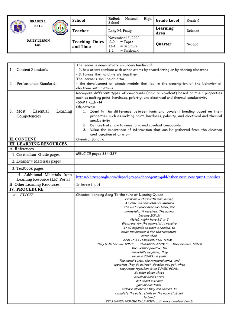 DLL Week 2 G 9 Science 22-23 Q2 | PDF | Chemical Bond | Chemical Compounds