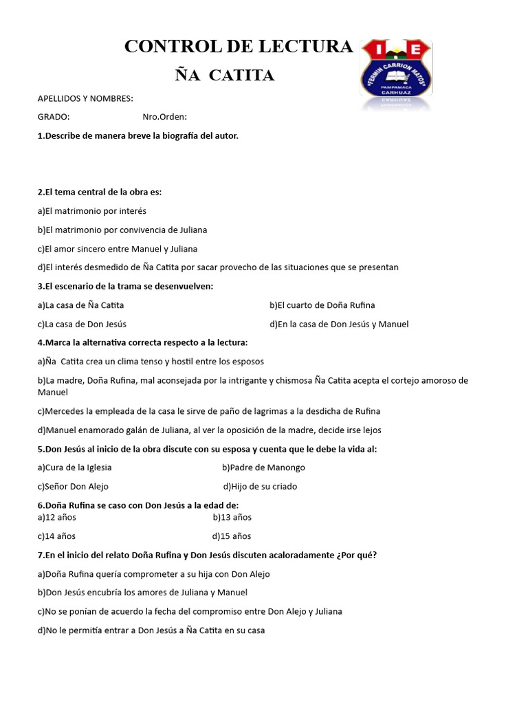 CONTROL DE LECTURA ÑA CATITA | PDF