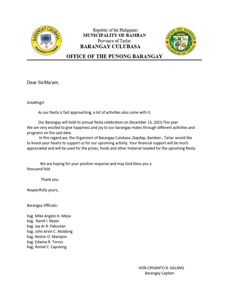 Barangay Fiesta Solicitation Letter | PDF