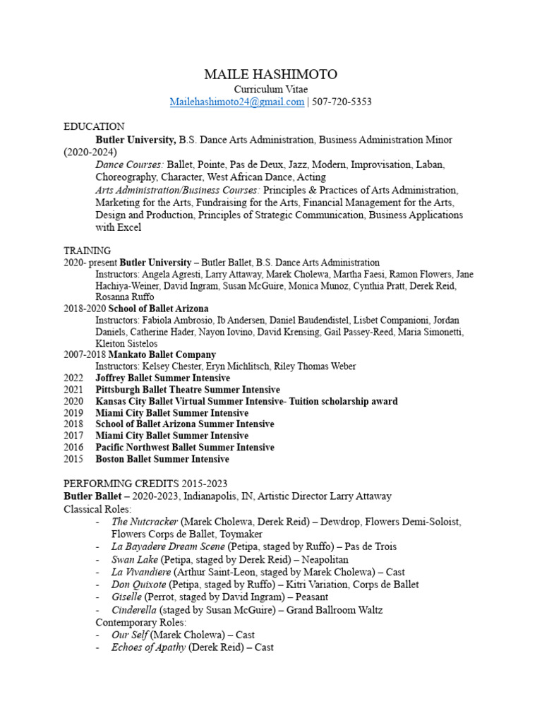 Maile Hashimoto: Dance CV & Experience | PDF | Ballet | The Nutcracker