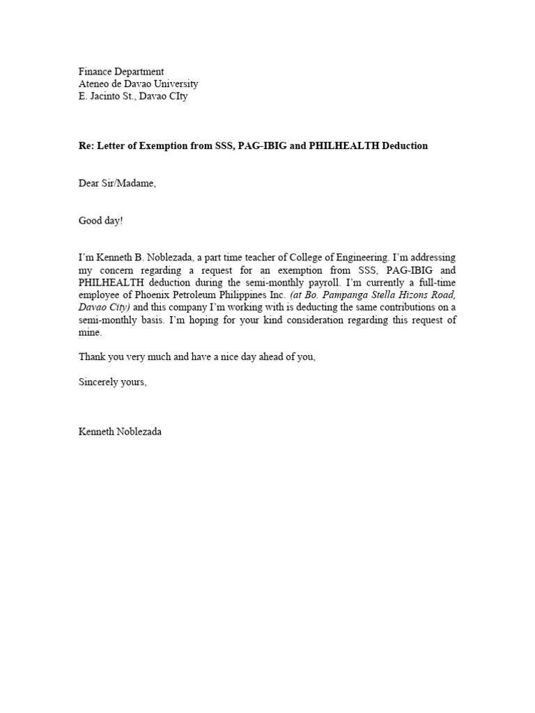 Re: Letter of Exemption From SSS, PAG-IBIG and PHILHEALTH Deduction | PDF