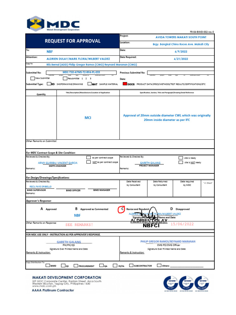 MDC-TSD-ATMS-T2-RFA-PL-033 - MCI - Approval of 20mm Outside Diameter ...