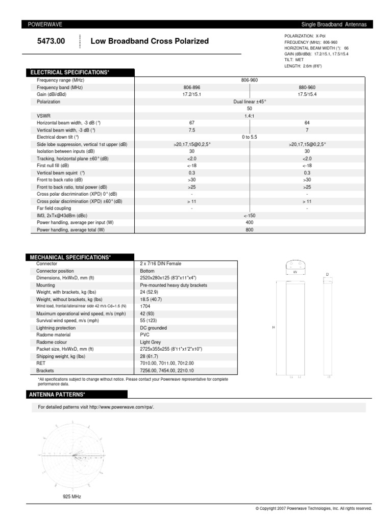 Low Broadband Cross Polarized 5473.00: Electrical Specifications | PDF ...