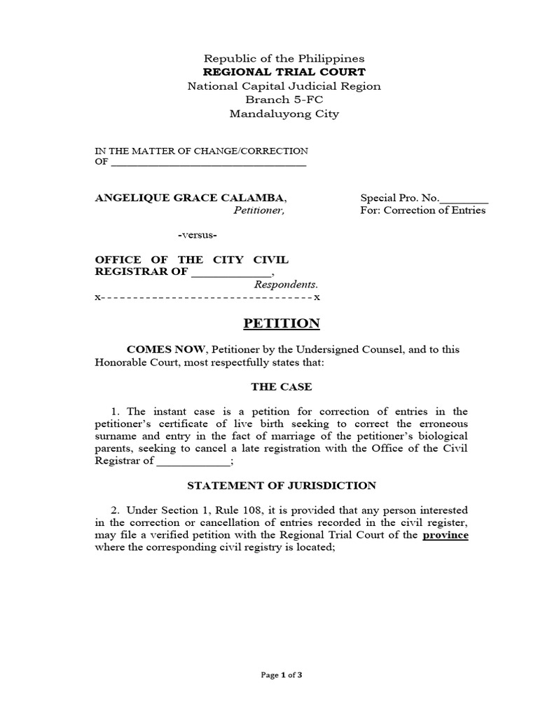 Petition-for-correction-of-entry-TEMPLATE 2 | PDF | Separation Of ... Petition-for-correction-of-entry-TEMPLATE 2 | PDF | Separation Of ...