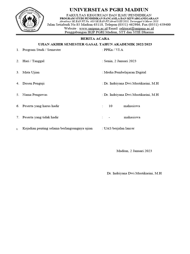 BERITA ACARA UTS Dan UAS, Soal Media Pembelajaran Digital | PDF