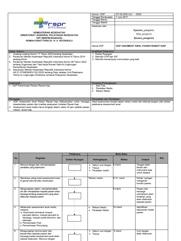 SOP Assessment Awal Pasien Rawat Inap | PDF