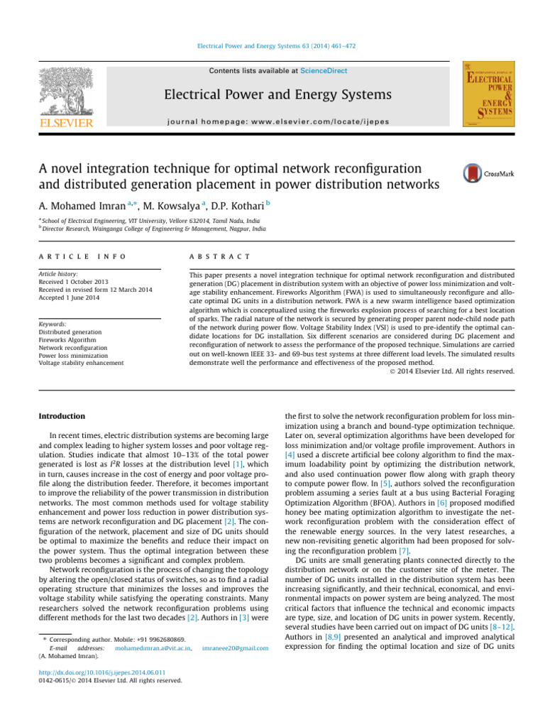 A Novel Integration Technique For Optimal Network Reconfiguration Pdf Mathematical