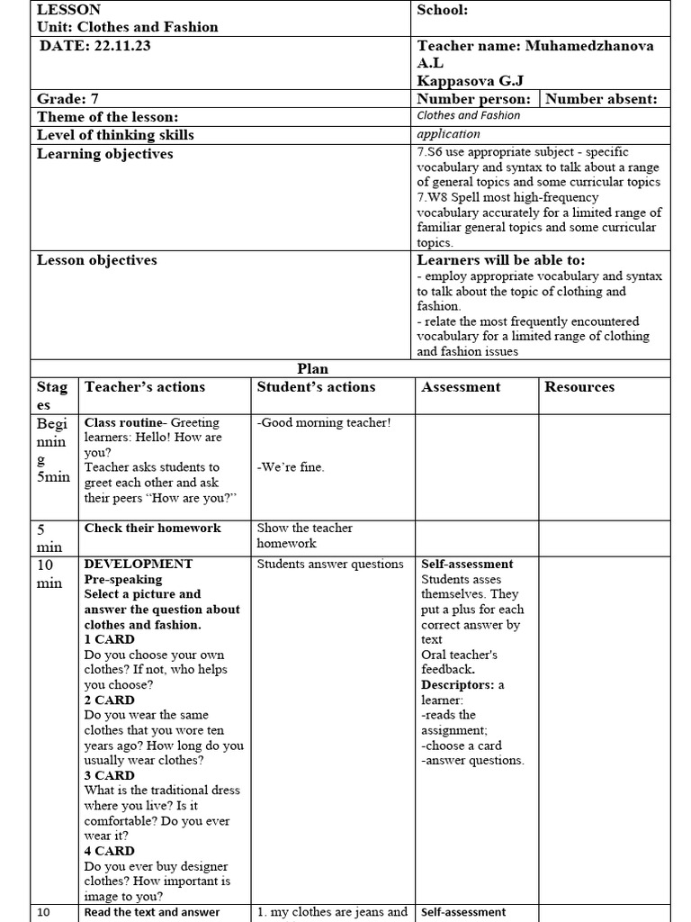 Grade 7 Lesson on Clothes and Fashion | PDF | Vocabulary | Human ...