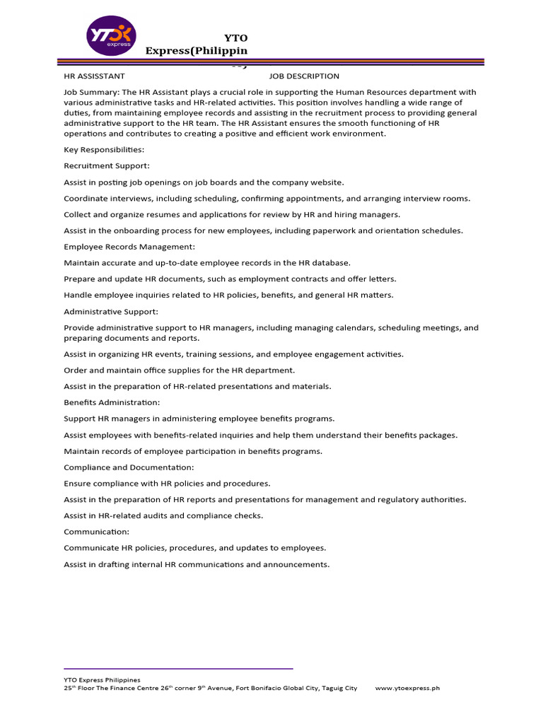 HR Assistant Job Description | PDF | Human Resources | Employment