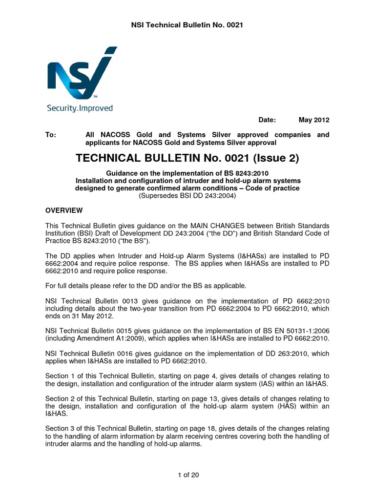Tech Bulletin 0021 BS 8243 Intruder and H Up Alarms | PDF | Security Alarm