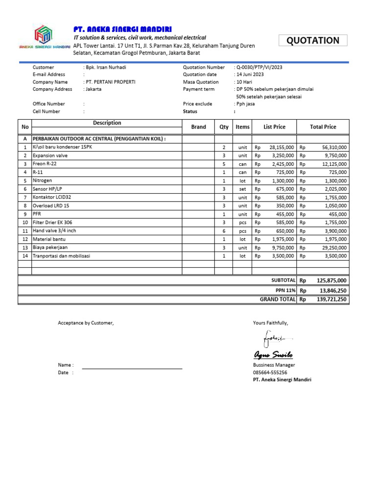 Quotation Service AC Central Penggantian Koil | PDF