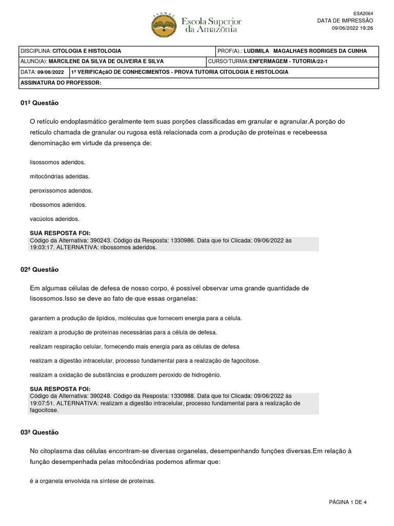 Prova de Cito. e Hisltologia | PDF | Célula (Biologia) | Citoplasma