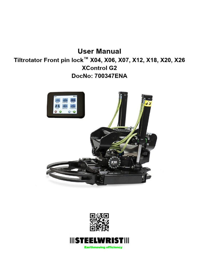 User Manual: Tiltrotator Front Pin Lock X04, X06, X07, X12, X18, X20, X26 Xcontrol G2 Docno ...