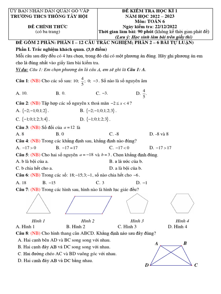 De Hoc Ki 1 Toan 6 Nam 2022 2023 Truong Thcs Thong Tay Hoi TP HCM | PDF