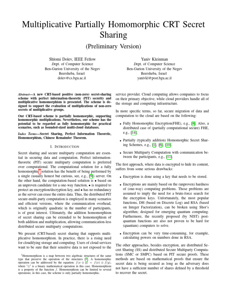 Multiplicative Partially Homomorphic CRT Secret Sharing: (Preliminary ...
