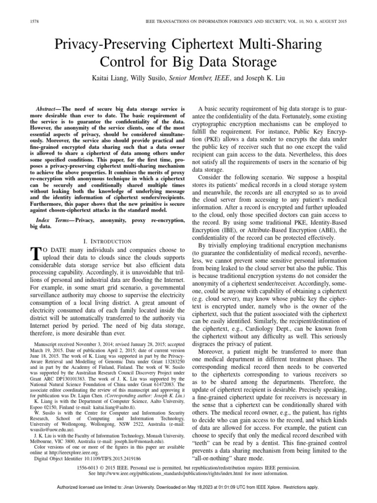 Privacy-Preserving Ciphertext Multi-Sharing Control For Big Data Storage | PDF