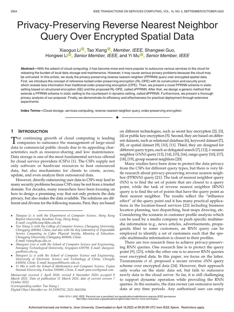 Privacy-Preserving Reverse Nearest Neighbor Query Over Encrypted Spatial Data | PDF
