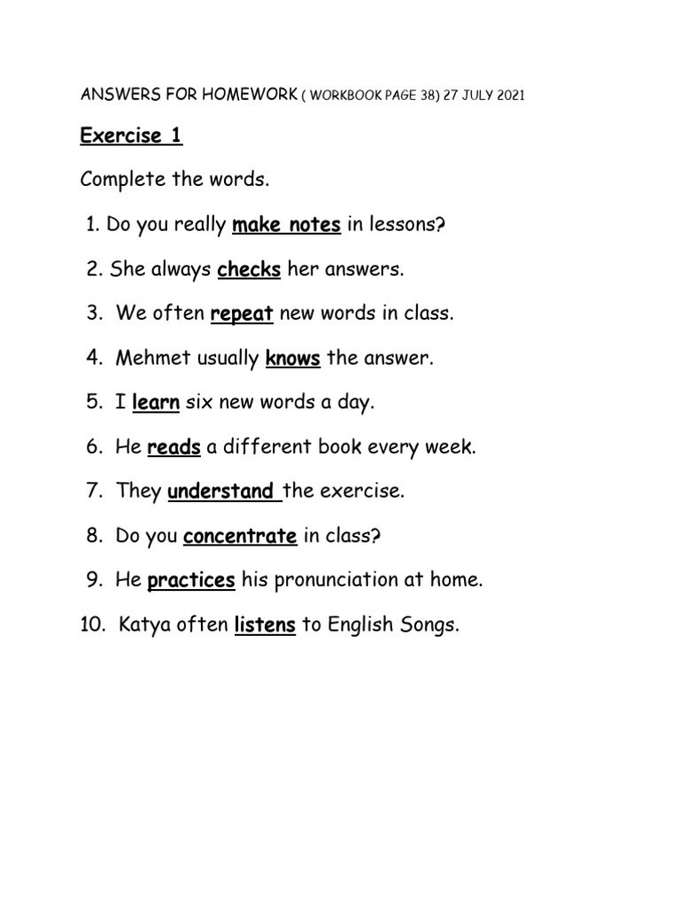 Answers For Homework - Workbook Page 38 | PDF | Language Arts & Discipline