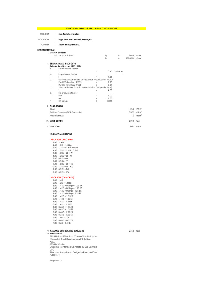 Structural Analysis and Design of 3ML Tank Foundation 30% Capacity in Seaoil Mabini ph3 | PDF ...