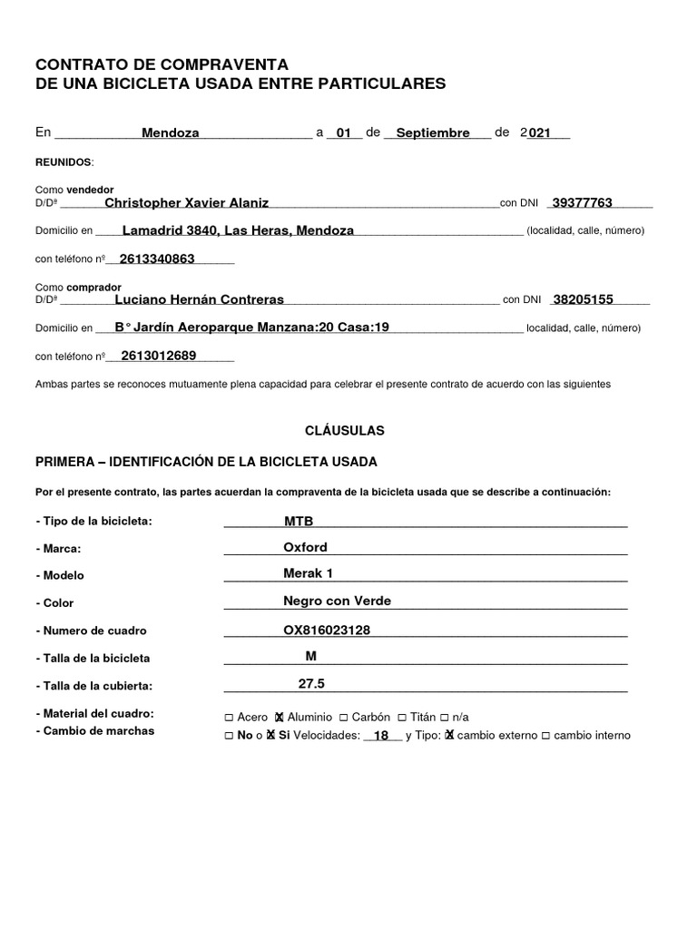 Contrato de Compraventa de Bicicleta | PDF | Derecho civil (sistema ...