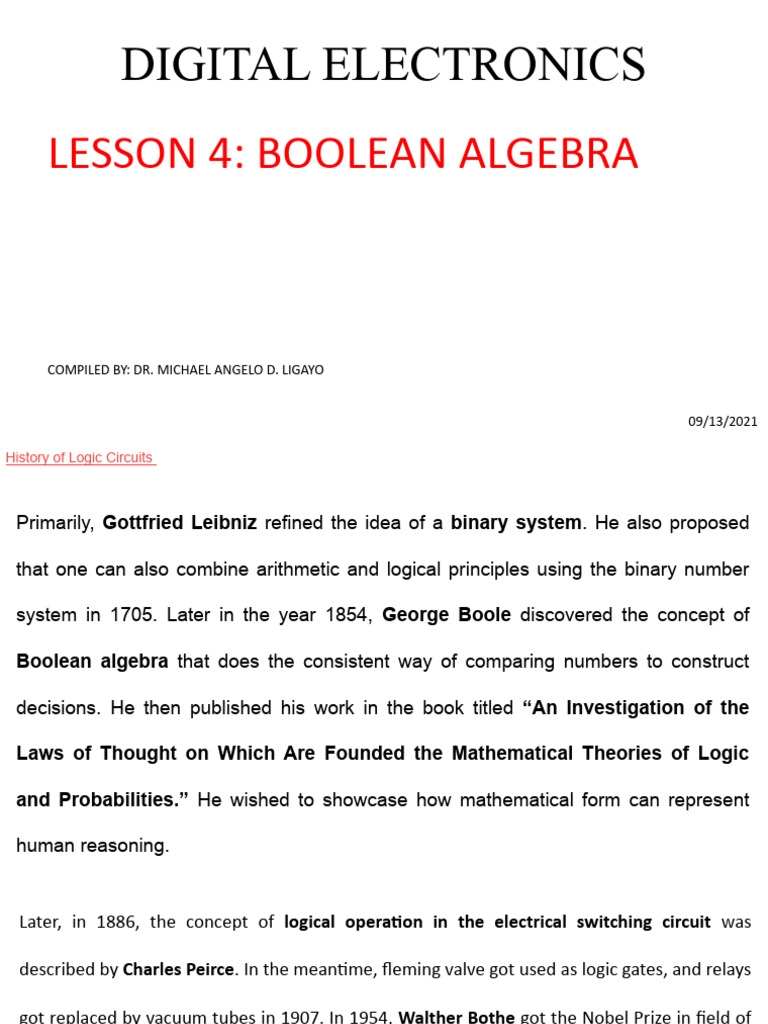 Digital Electronics - Lesson 4 Boolean Algebra | PDF | Logic Gate | Digital Electronics