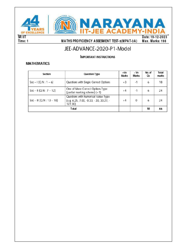 19-12-23 - MATHS PROFICIENCY ASSESSMENT TEST-3 (MPAT-3A) - Jee-Adv ...