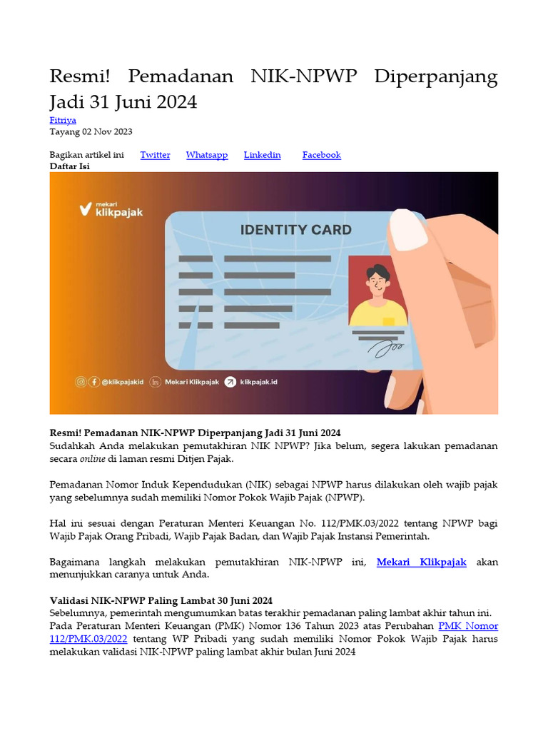 Resmi! Pemadanan NIK-NPWP Diperpanjang Jadi 31 Juni 2024 | PDF Resmi! Pemadanan NIK-NPWP Diperpanjang Jadi 31 Juni 2024 | PDF