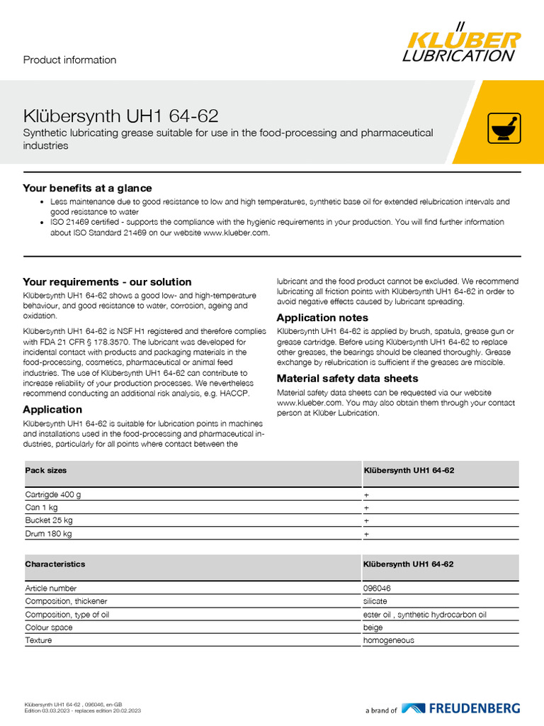 Kluebersynth UH1 64-62 096046 PI GB en | PDF | Lubricant | Materials