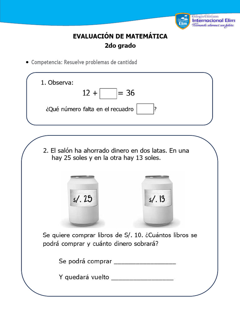 Evaluación de Matemática 2do Grado | PDF