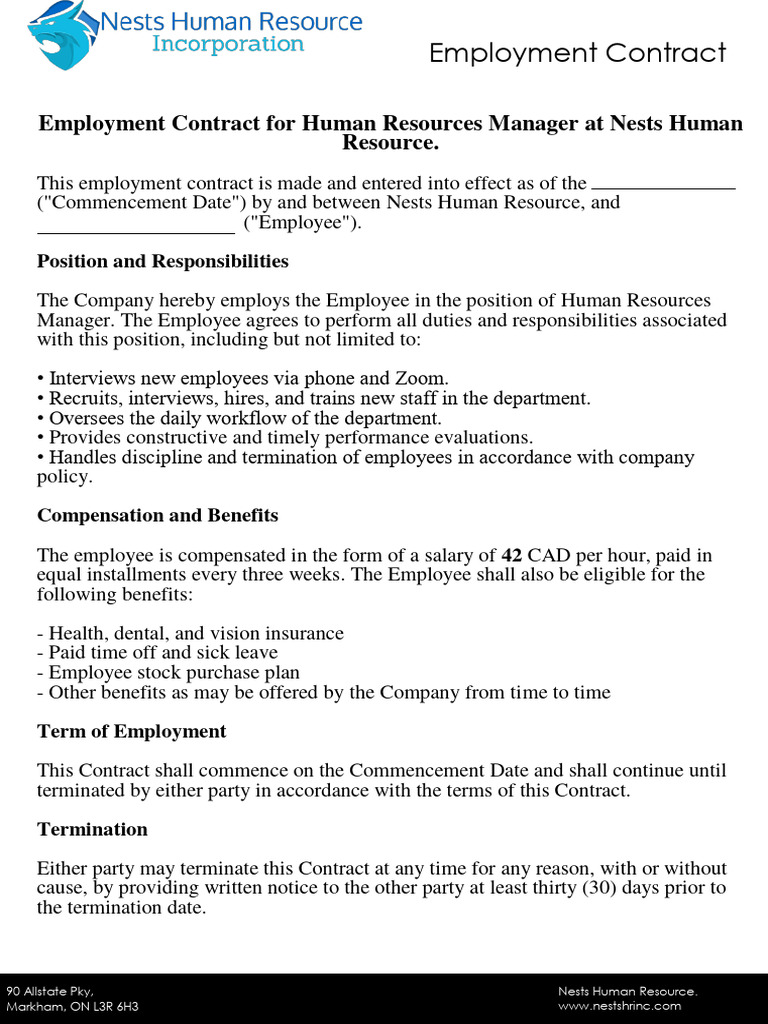 HR Manager Employment Contract Template | PDF | Employment | Human ...