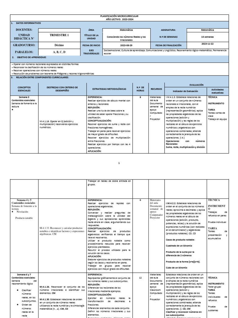 Planificación Microcurricular Pdf Números Número Real