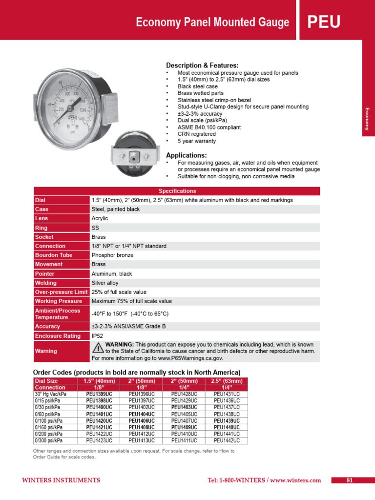 Economy Panel Mounted Gauge: Description & Features | PDF | Pressure ...