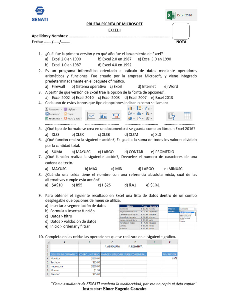 Examen Excel | PDF | Microsoft Excel | Microsoft Windows