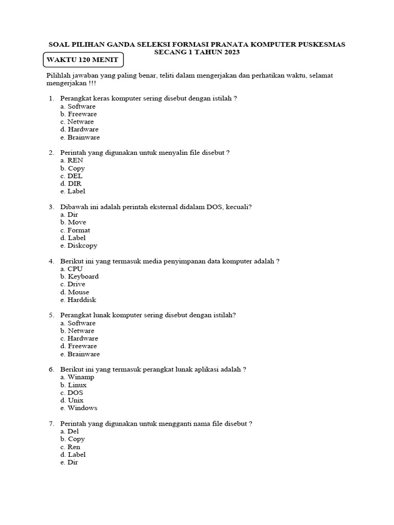 Soal Pilihan Ganda Seleksi Formasi Pranata Komputer | PDF | Komputer