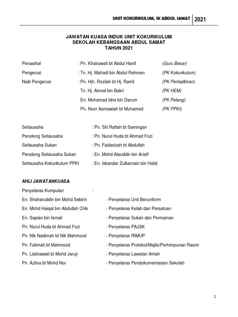 Pengurusan Unit Kokurikulum 2021 | PDF