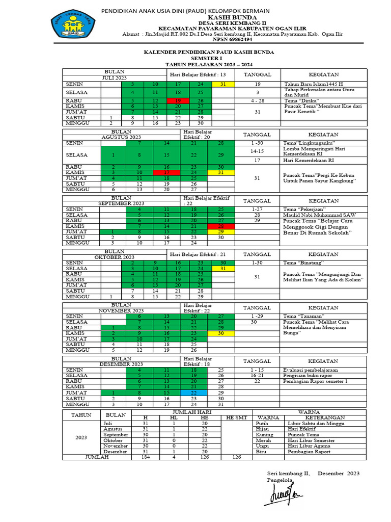 Kalender Paud Kasih Bunda Semester I & 2 2023-2024 | PDF