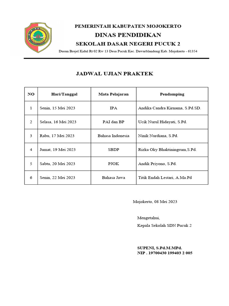 Jadwal Praktek Kelas 6 2023 | PDF
